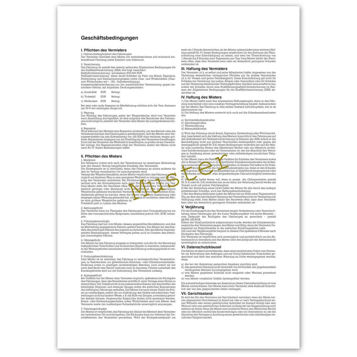 KFZ Automietvertrag. Formular im Format DIN A4 online kaufen